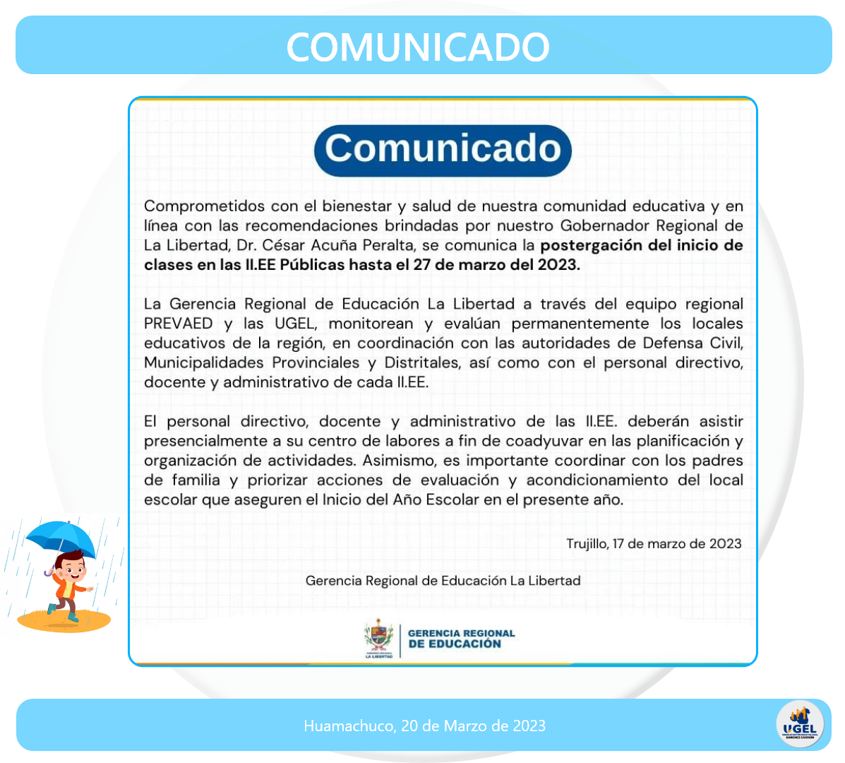 COMUNICADO - POSTERGACIÓN DEL INICIO DE CLASES EN LAS II.EE PÚBLICAS ...